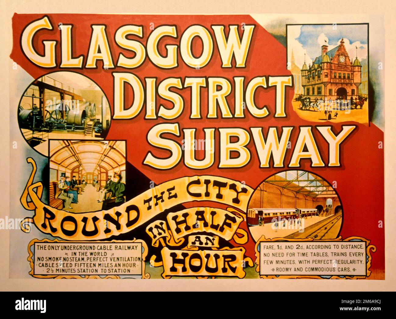 Vintage railway travel poster advertising the Glasgow District Subway ...
