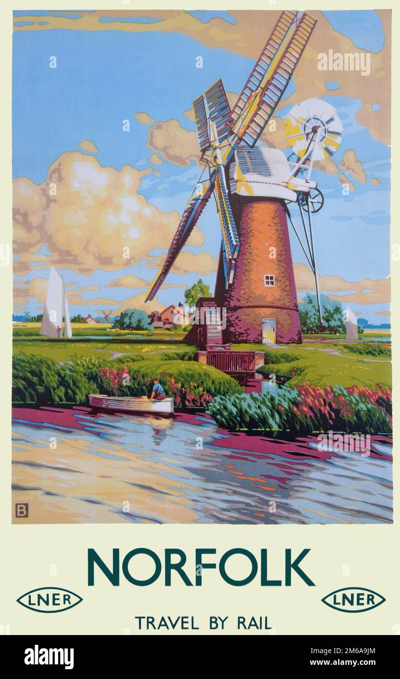 Vintage LNER railway travel poster advertising travel to Norfolk & the ...