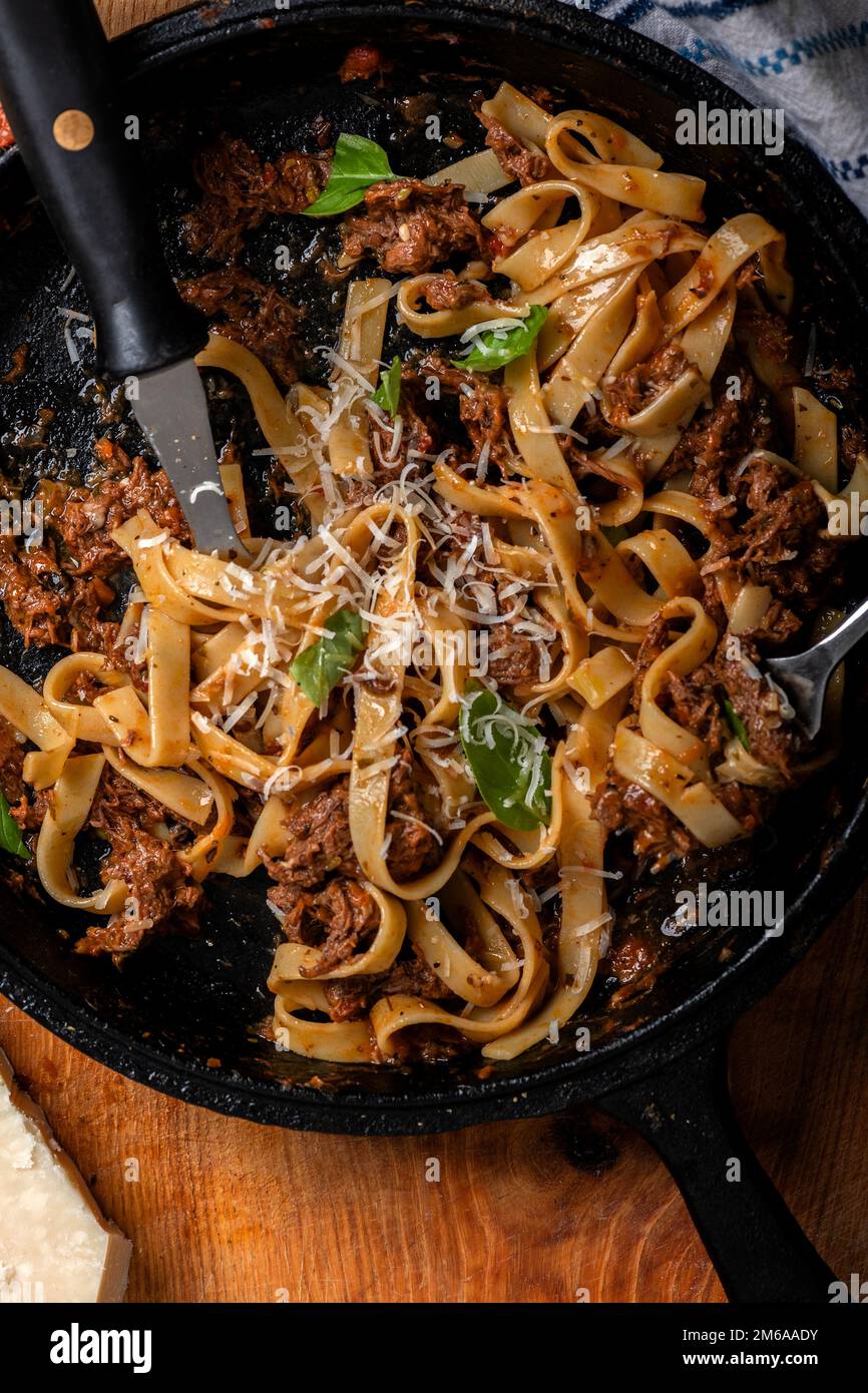 Tagliatelle Pasta and Ragu From above Stock Photo - Alamy