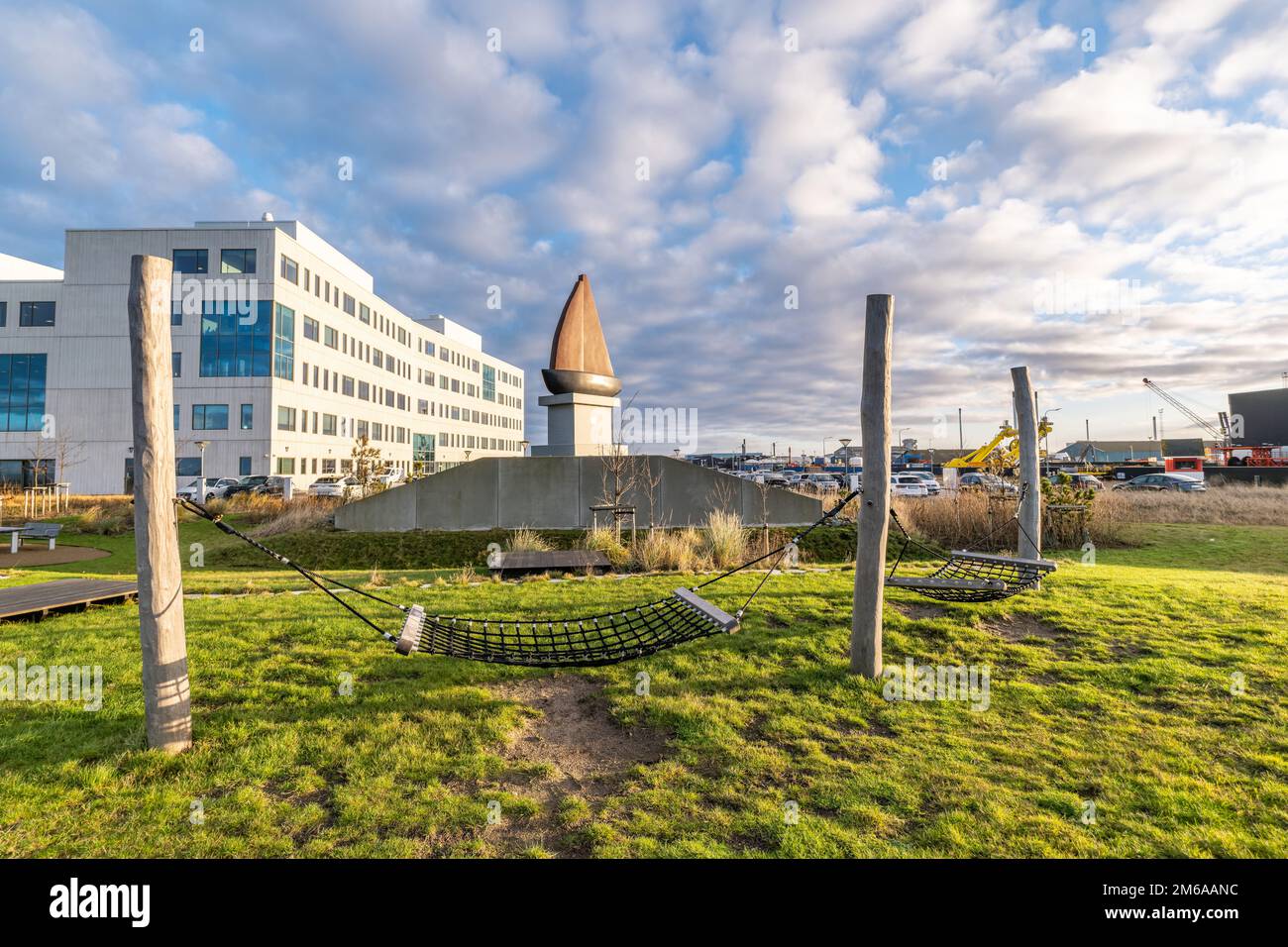 Small recreational park in Esbjerg industrial harbor, Denmark Stock ...