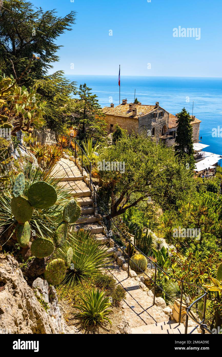 Eze, France - August 1, 2022: Chateau Eza hotel on slope of medieval ...