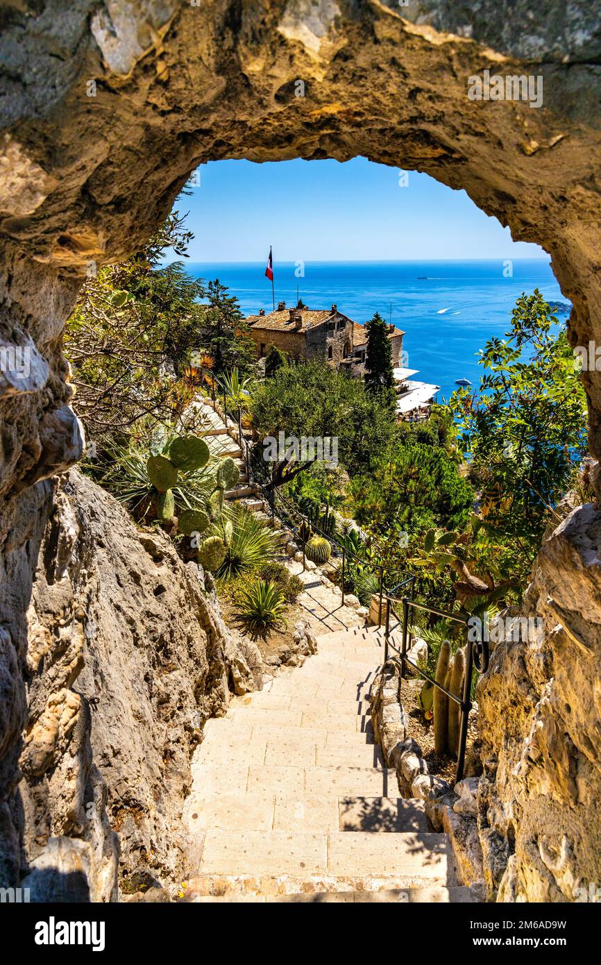 Eze, France - August 1, 2022: Chateau Eza hotel on slope of medieval ...