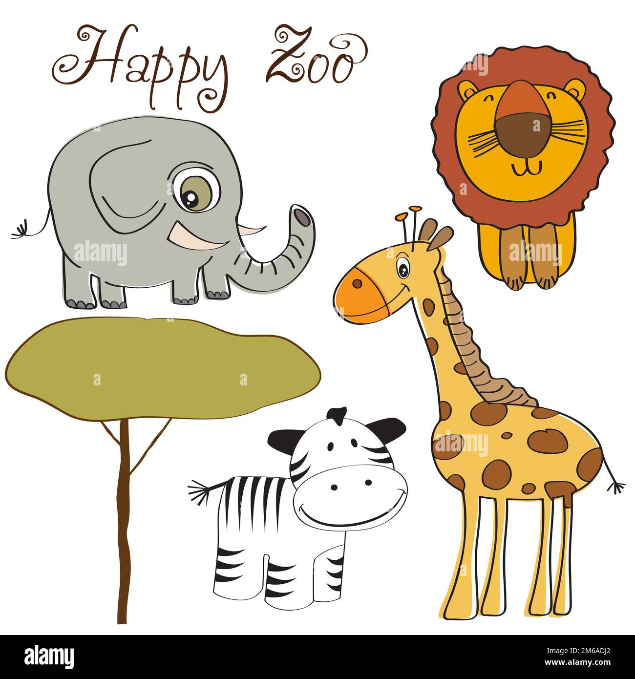 Vector illustration of cute wild animal set including giraffe, zebra ...