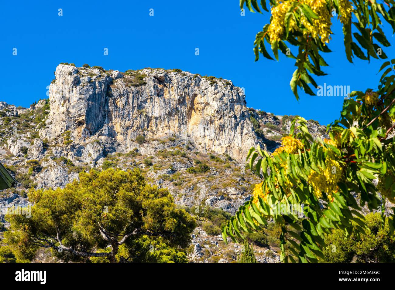 Panoramic view of Alpes mountains and rocky cliffs over Eze sur Mer ...