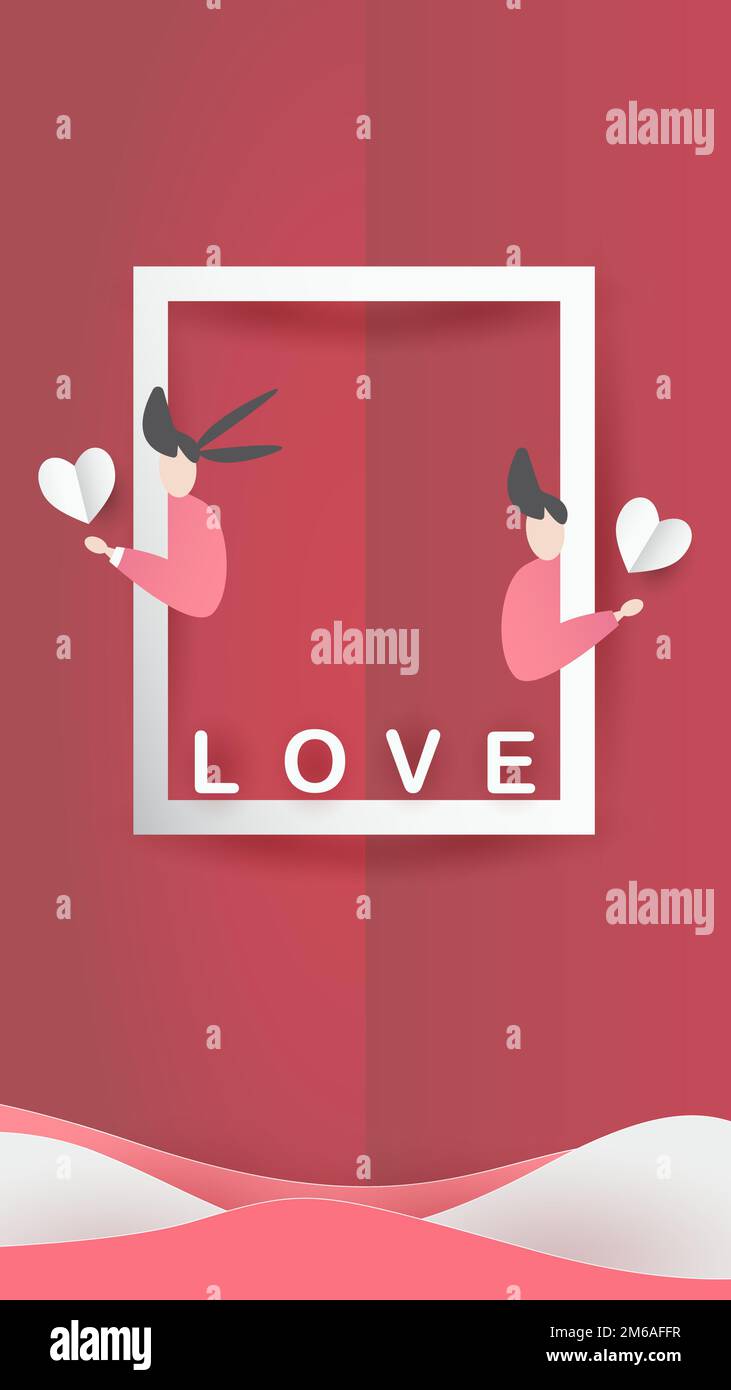 cute love paper art valentine day. with lovely valentine boy and girl ...