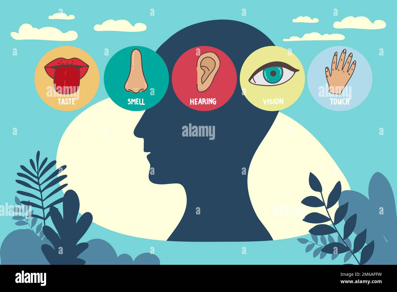 Five human senses line icons set. Vision, smell, hearing, touch, taste ...