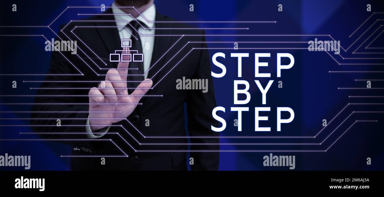 Hand writing sign Step By Step. Business approach Slow progress Road to ...