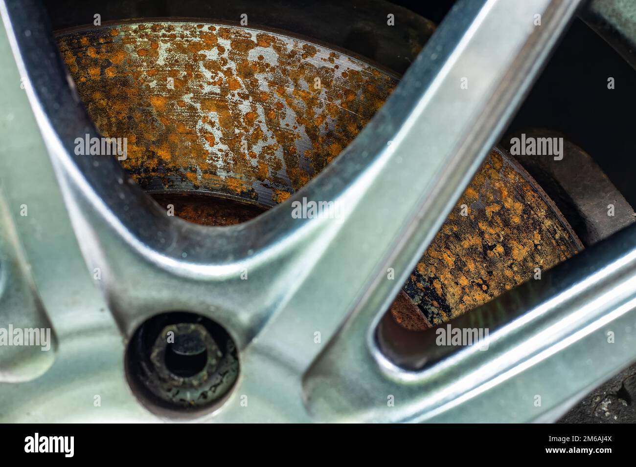 car brake disc and pad rusted after the rain Stock Photo - Alamy