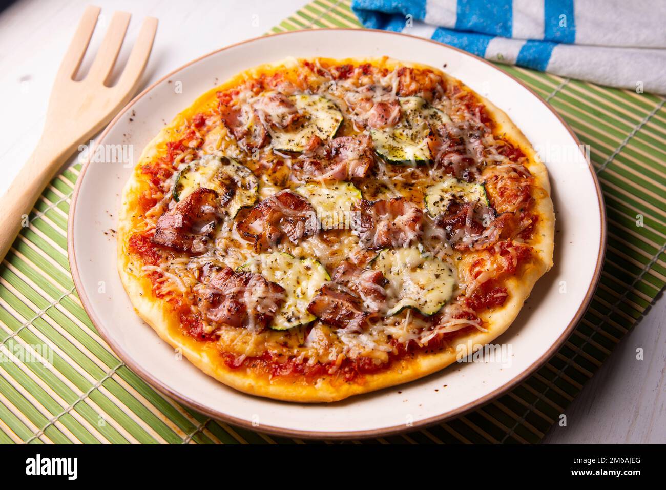 Bacon Pizza. Neapolitan pizza with tomato sauce, cheese, ham and ...