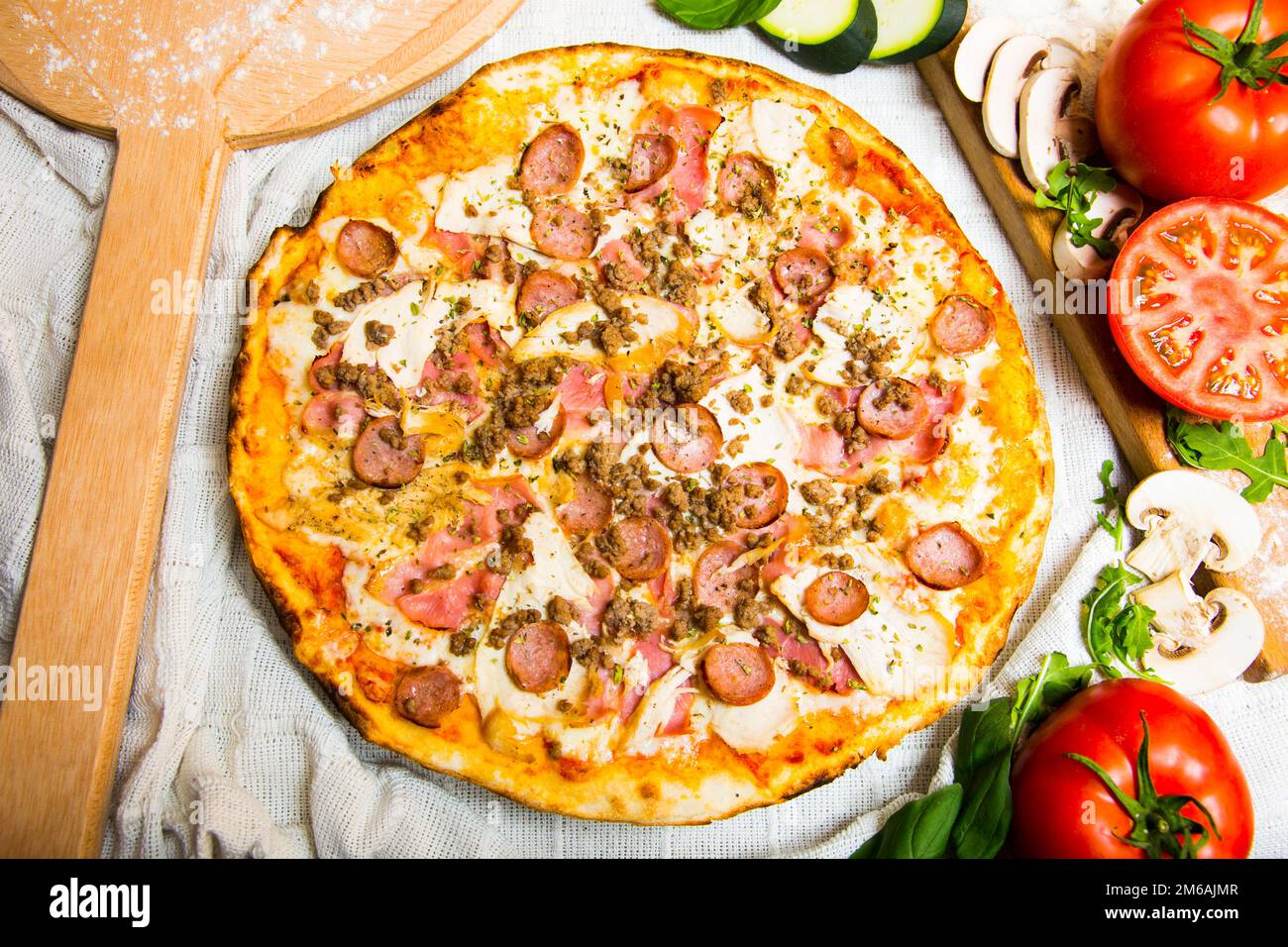 Sausage Pizza. Neapolitan pizza with tomato sauce, cheese, pork sausage ...