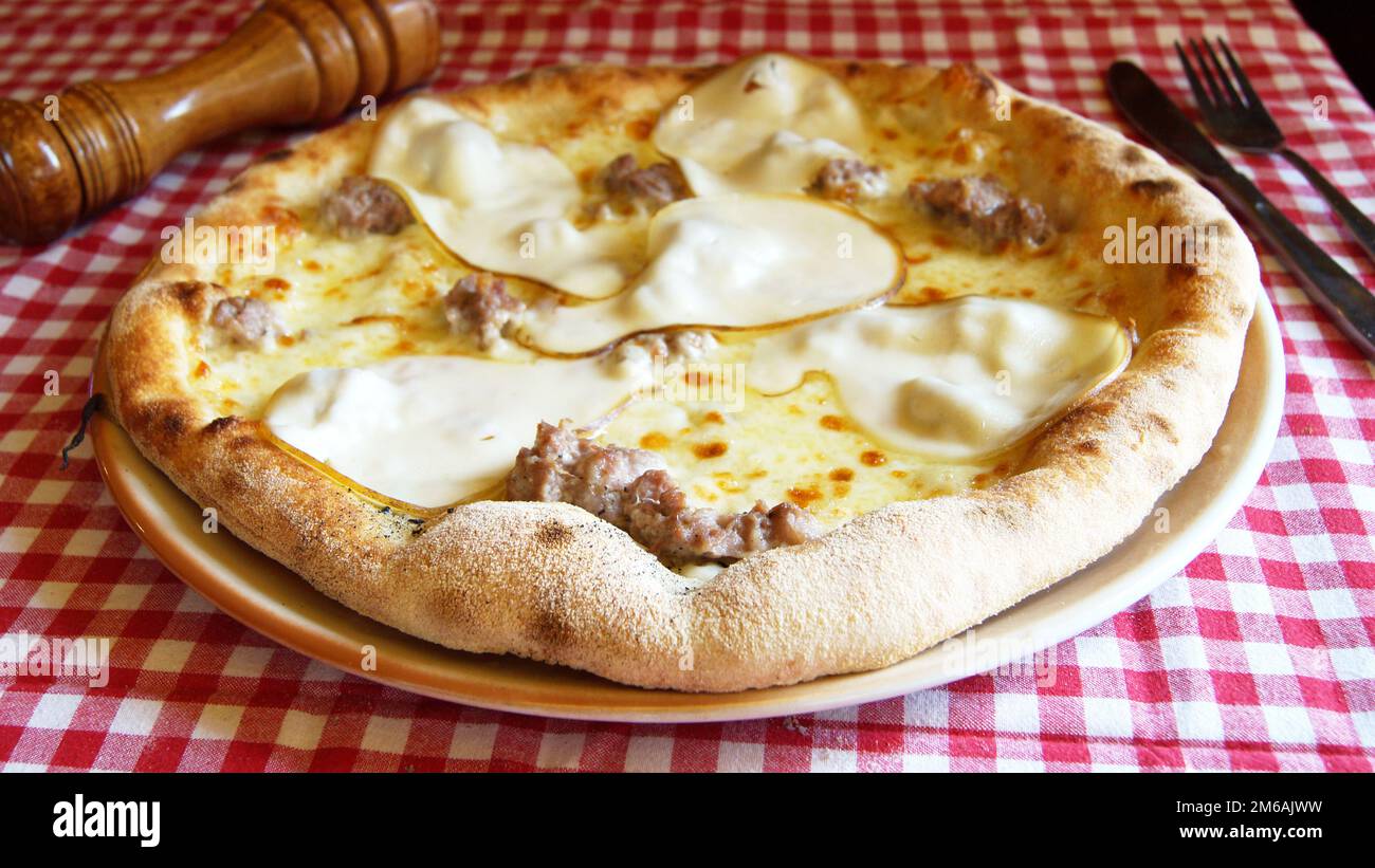 Sausage Pizza. Neapolitan pizza with tomato sauce, cheese, pork sausage ...
