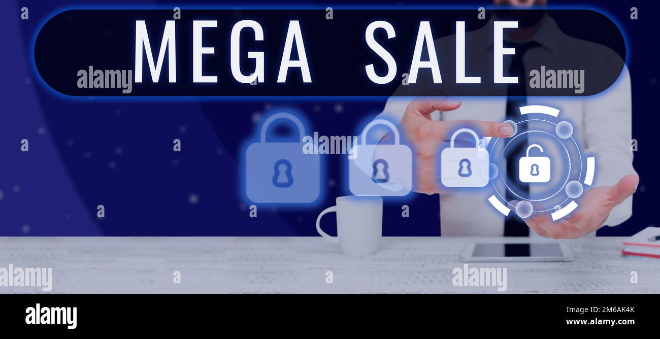 Hand writing sign Mega Sale. Word for The day full of special shopping ...