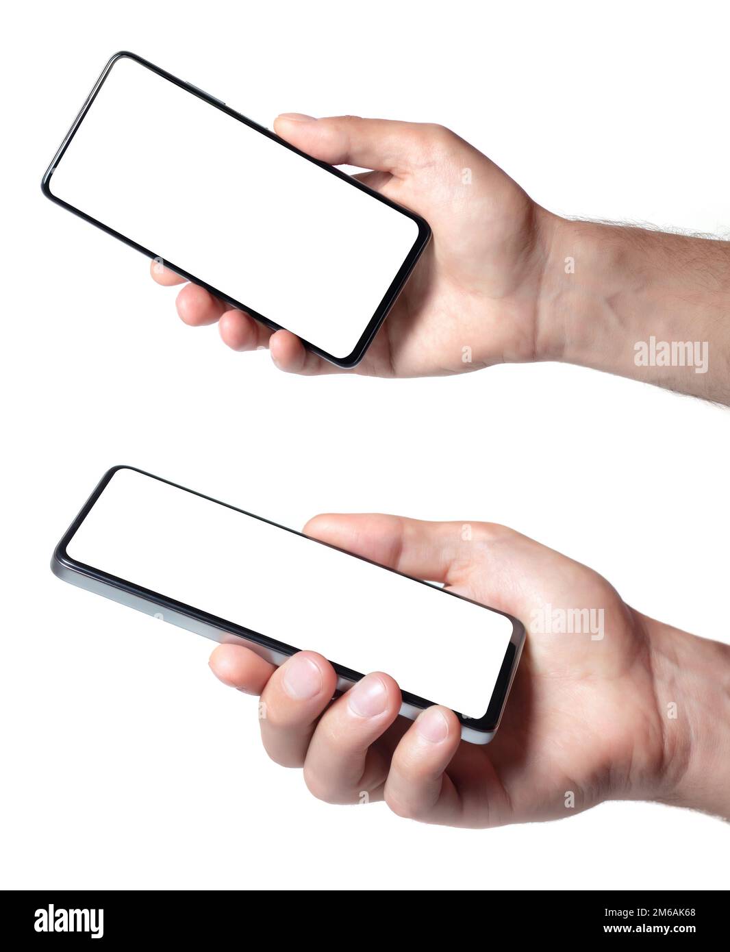 Man hand hold mobile smartphone with white screen isolated on white ... Man hand hold mobile smartphone with white screen isolated on white ...