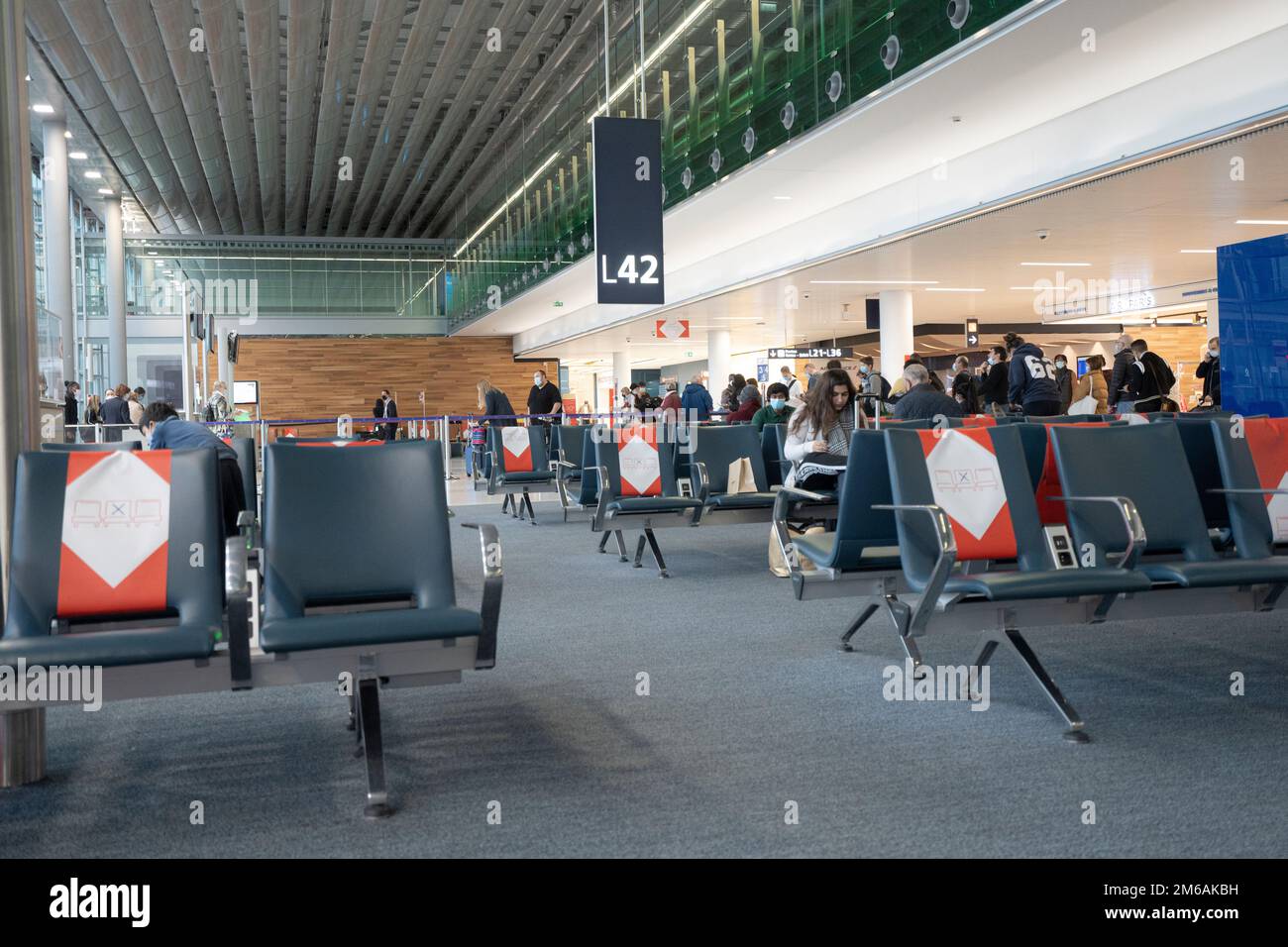 Waiting Area Chairs With Social Distancing Sign At Charles de Gaulle ...