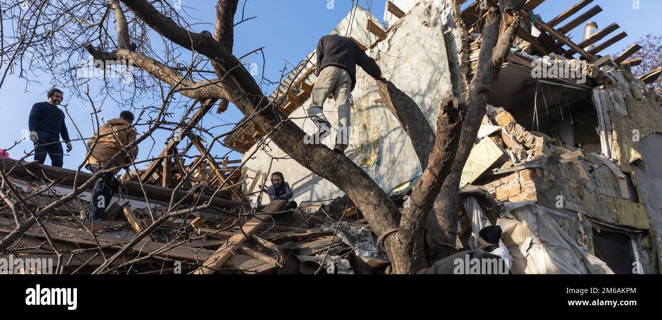 KYIV, UKRAINE - Jan. 03, 2023: War in Ukraine. Volunteers clear and ...