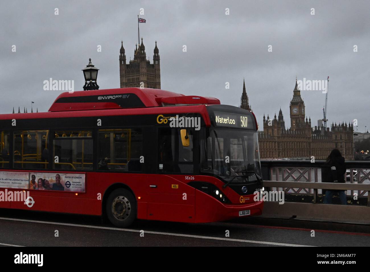 London bus 507 to Waterloo. Houses of Parliament and Big Ben in the ...