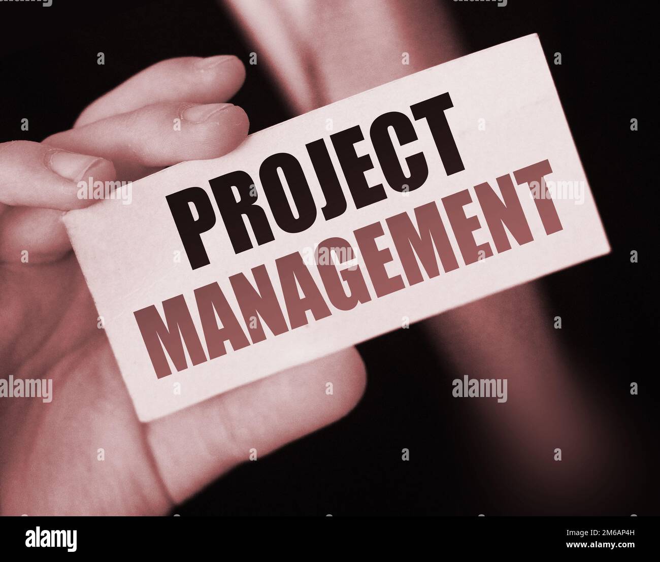 PROJECT MANAGEMENT words on card businessman holds. Bbusiness concept ...