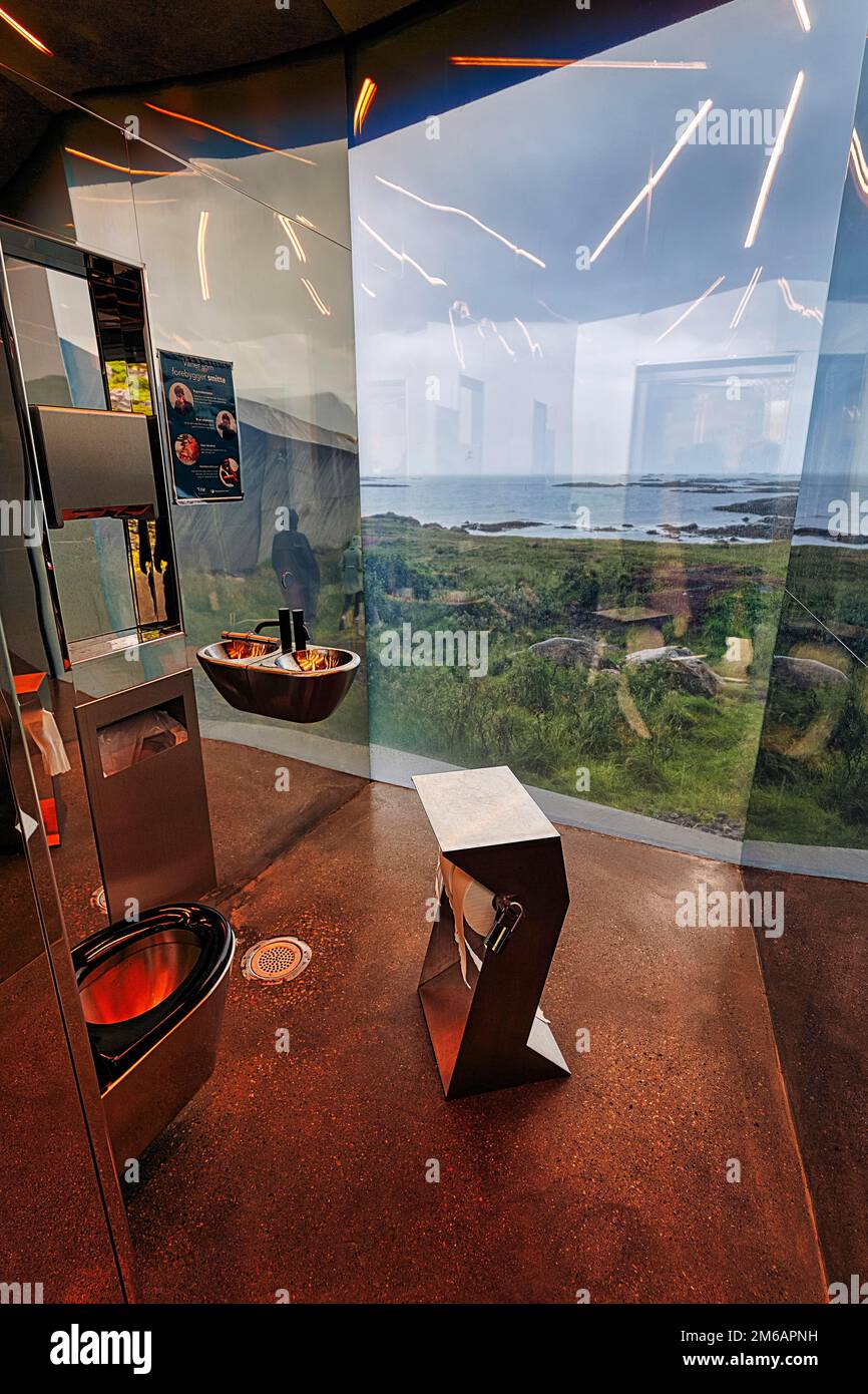 Public toilet, washroom with view of rocky coast, interior, Bukkekjerka ...