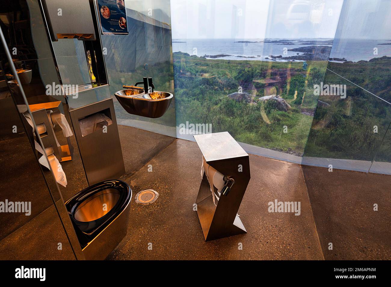 Public toilet, washroom with view of rocky coast, interior, Bukkekjerka ...