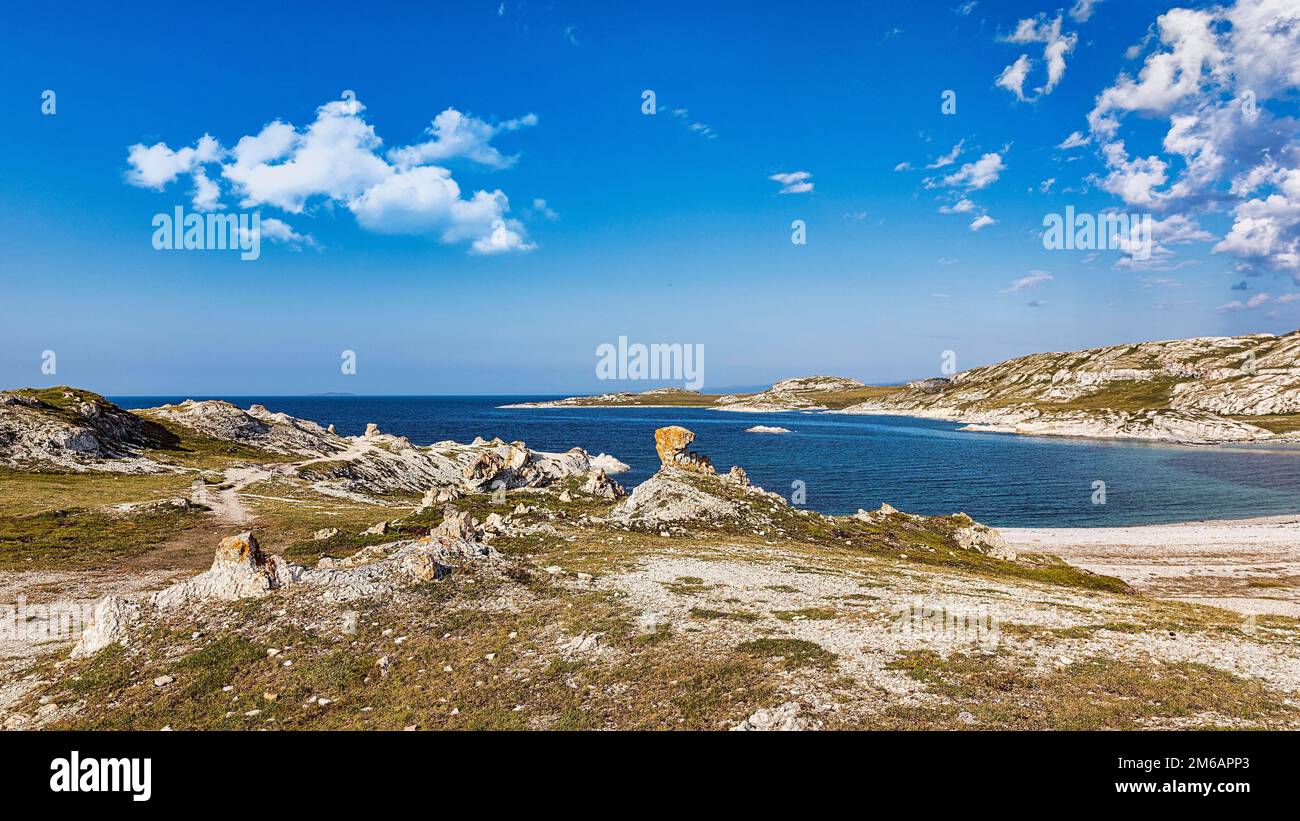 Fjord landscape in summer, dolomite rocky coast, Trollholmen ...