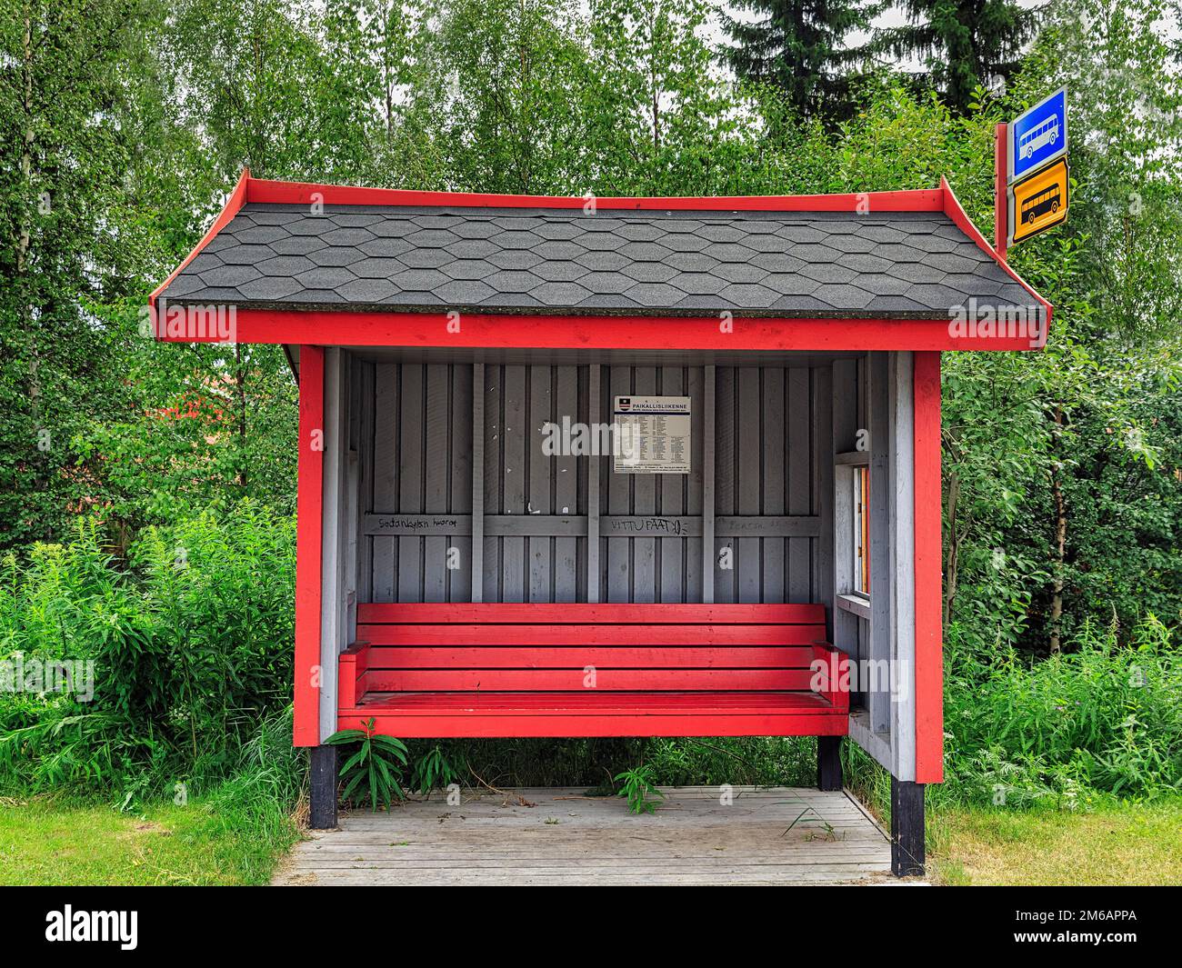 Bus shelter with red wooden bench, bus stop, Lapland, Finland Stock ...