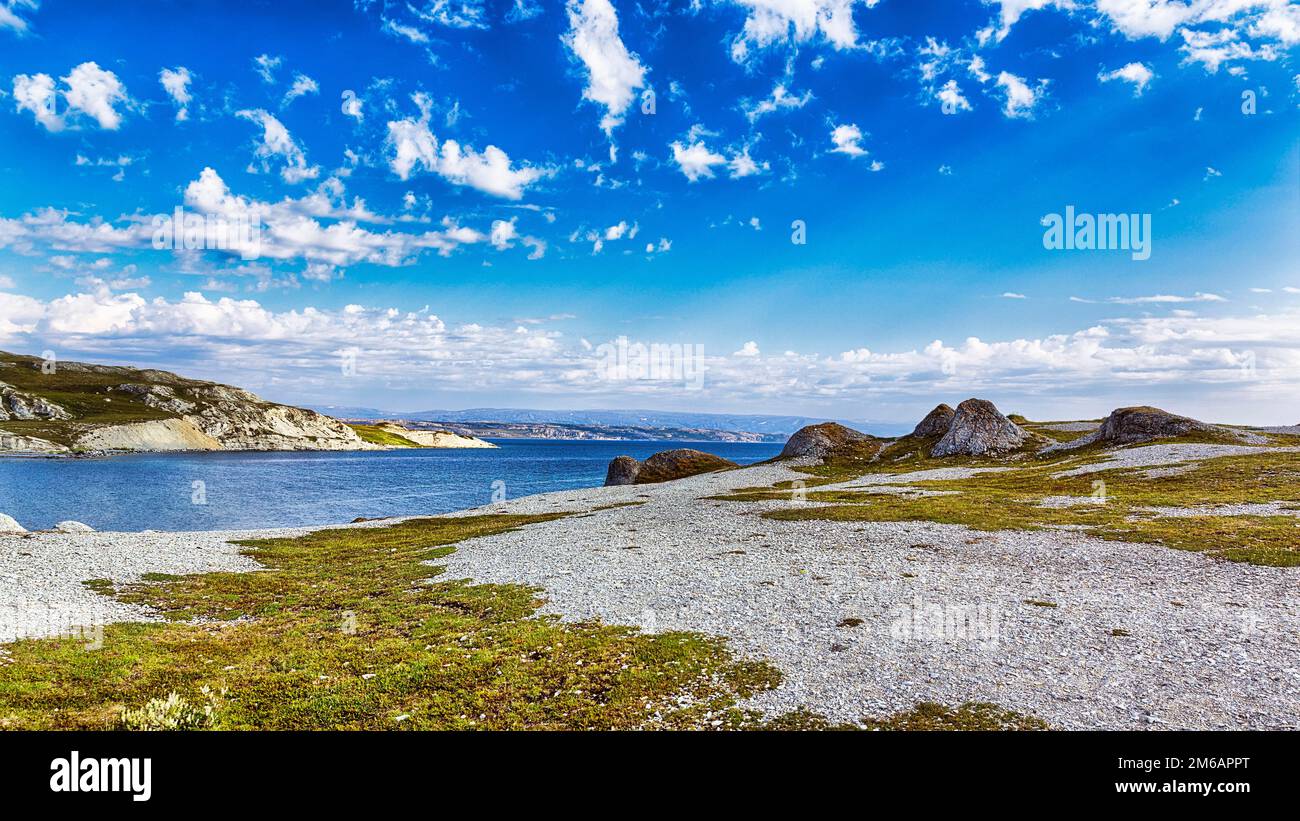 Fjord landscape in summer, hiking trail on dolomite rocky coast ...