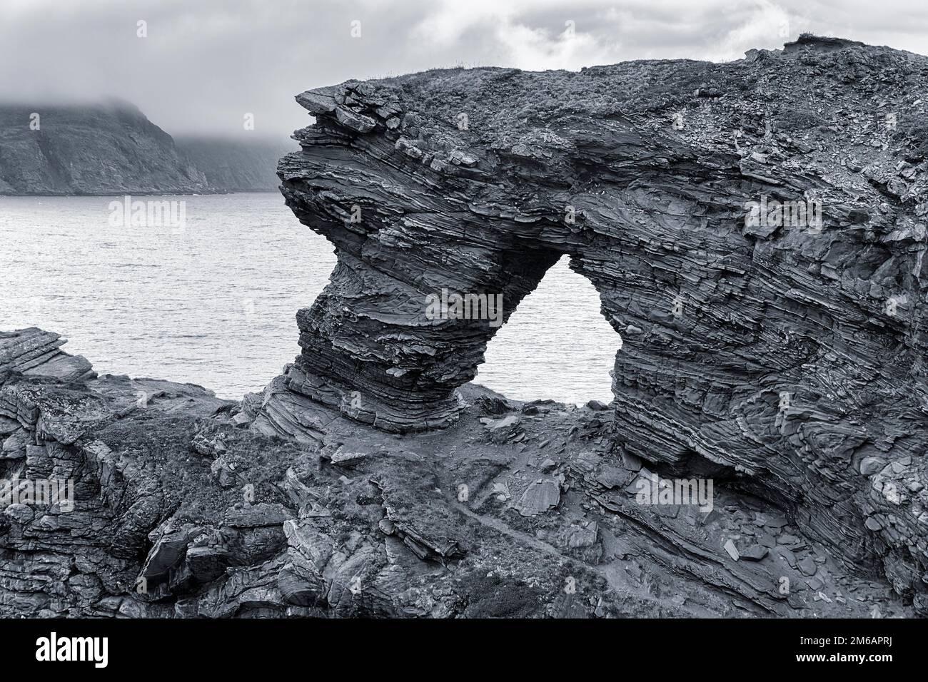 Kirkeporten rock gate, Skarsvag, monochrome, Mageroya Island, Nordkapp ...