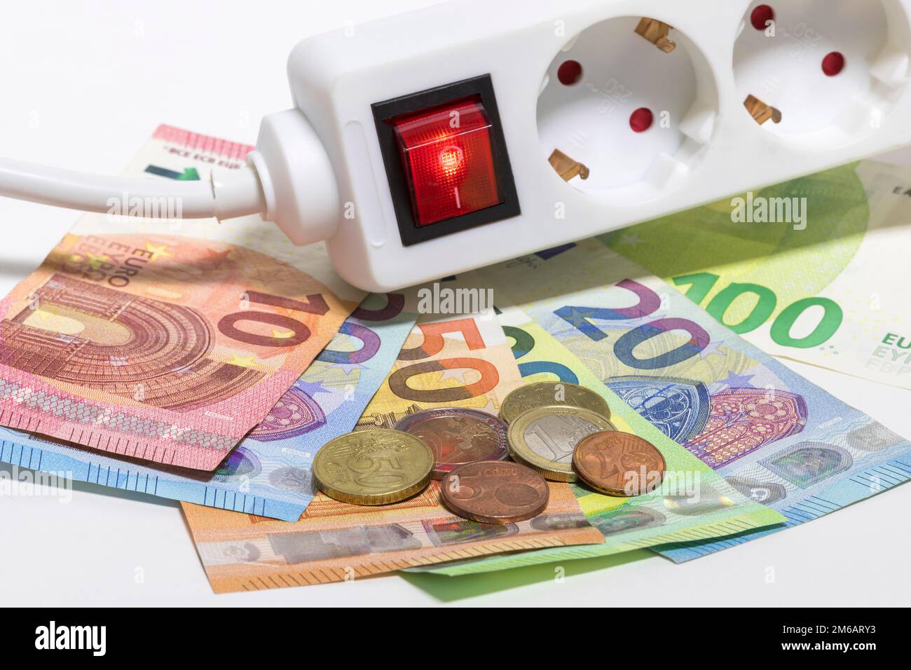 Switchable power outlet strip strip, euro banknotes, euro coins, symbol ...