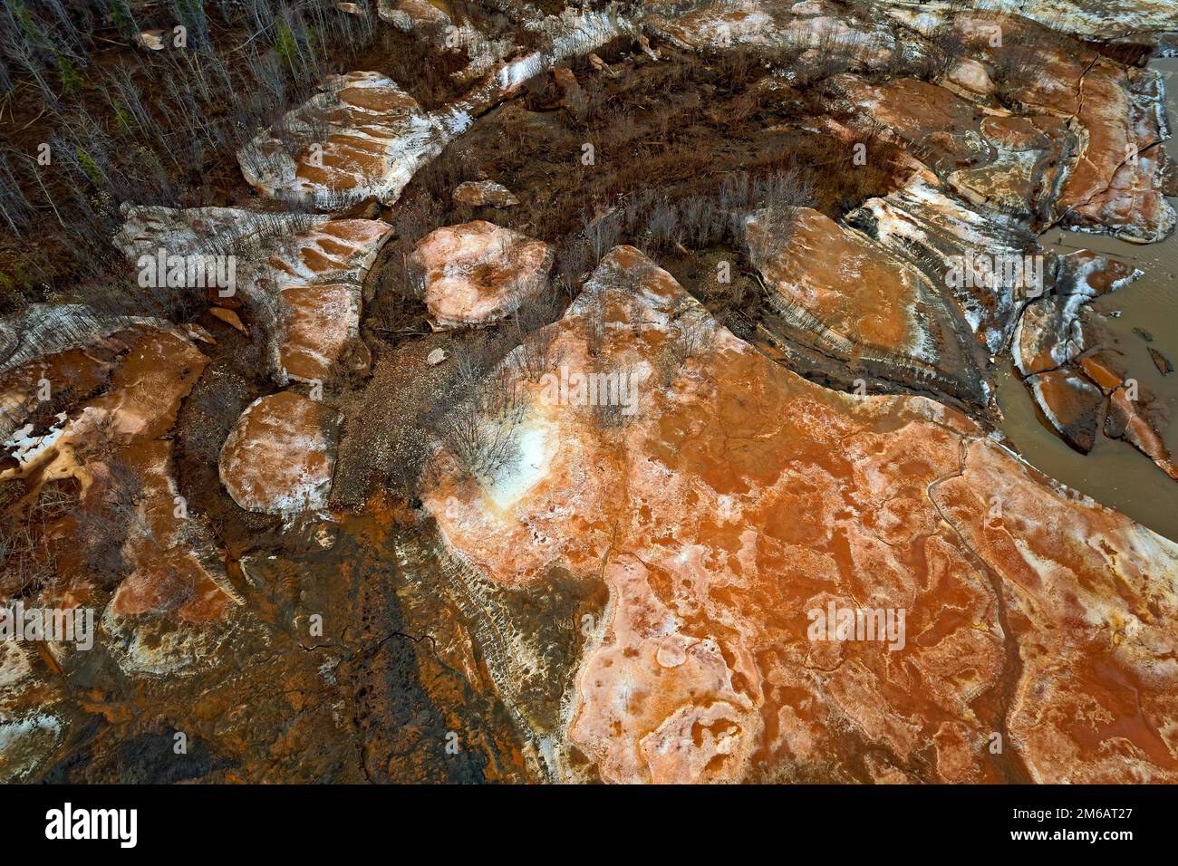 Drone shot, ice break-up, ice deposits, iron minerals, sulphurous, rust ...