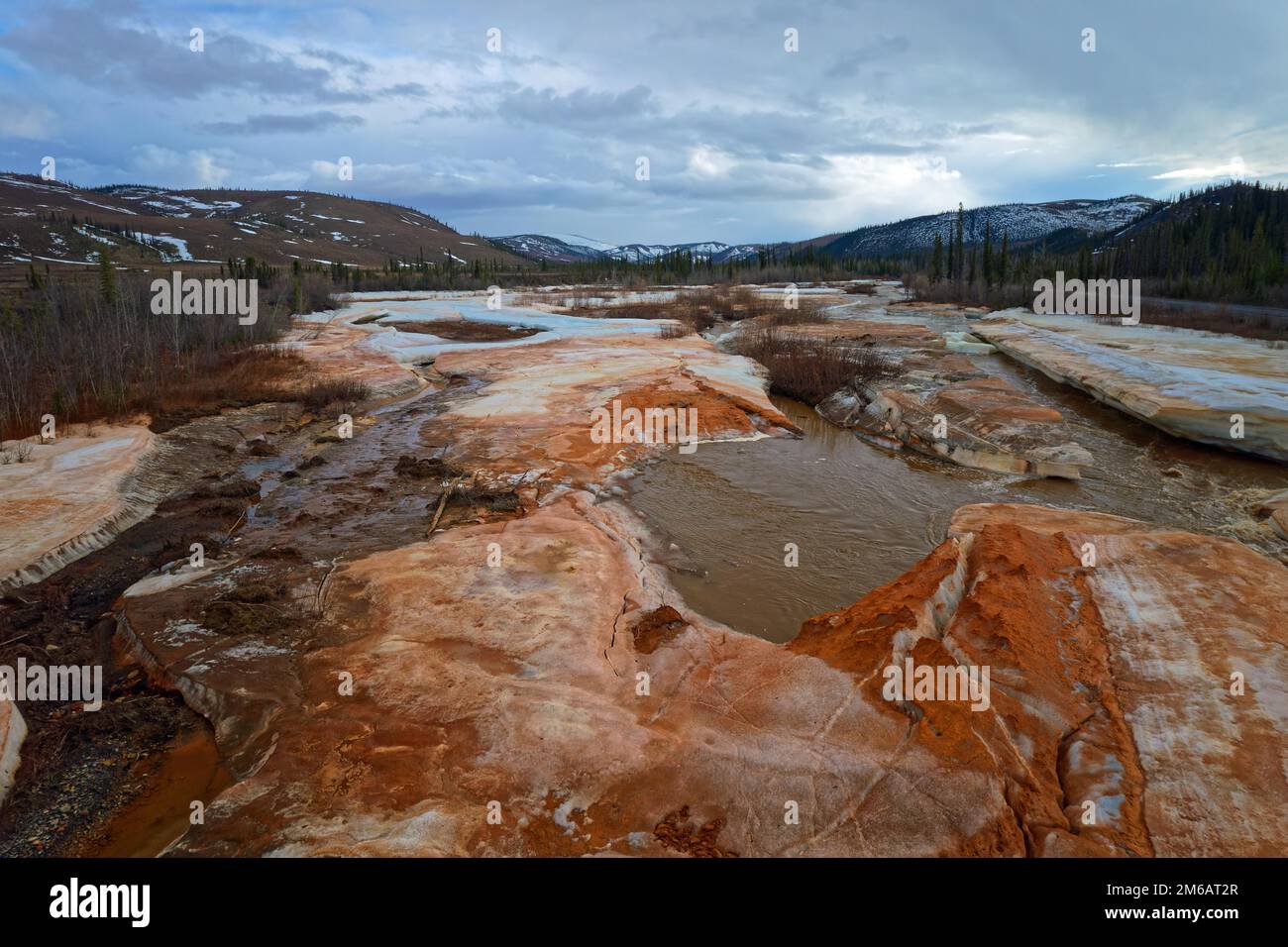 Drone shot, ice break-up, ice deposits, iron minerals, sulphurous, rust ...