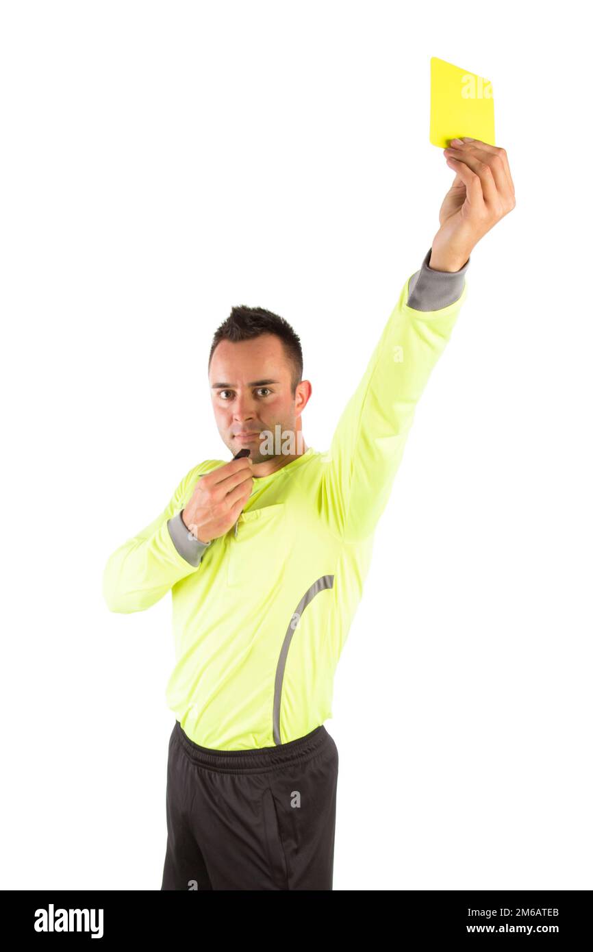 Referee with yellow card, exempted Stock Photo - Alamy