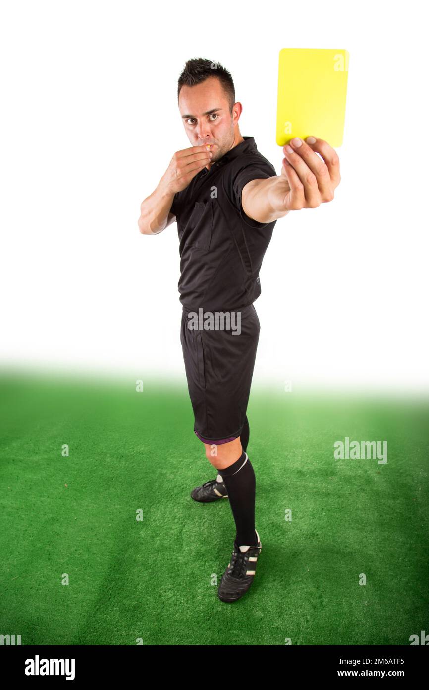 Referee with yellow card, exempted Stock Photo - Alamy