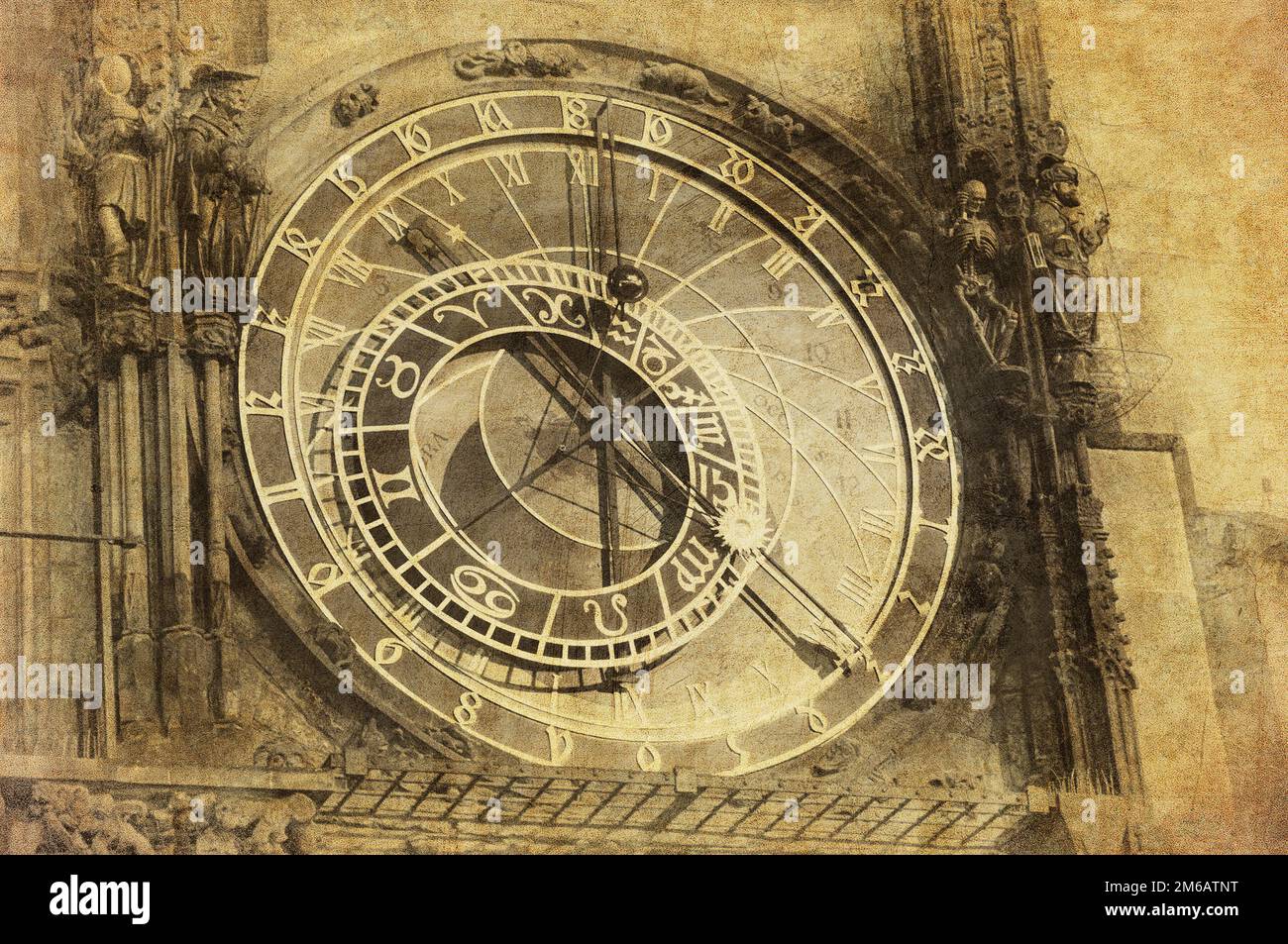 Vintage image of Prague Astronomical Clock, Orloj, in the Old Town of ...