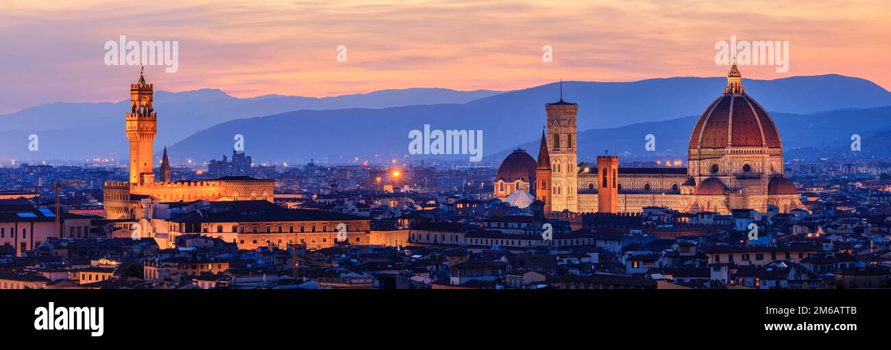 Panorama of Duomo Santa Maria del Fiore cathedral, Bell Tower of Giotto ...