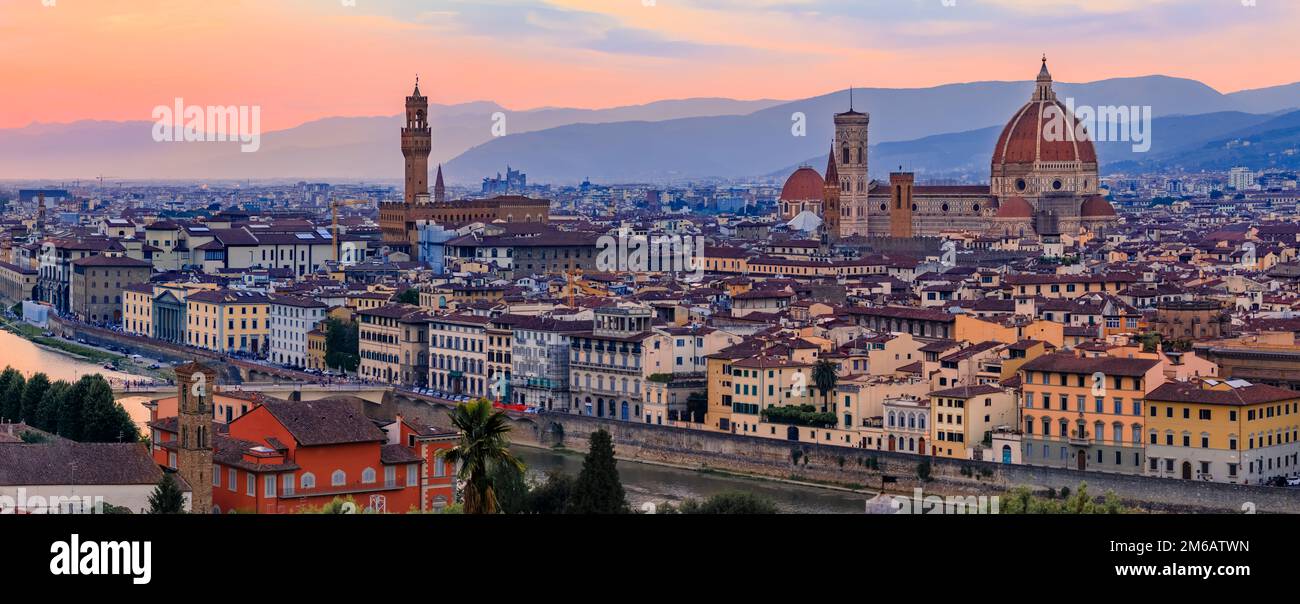 Panorama of Duomo Santa Maria del Fiore cathedral, Bell Tower of Giotto ...