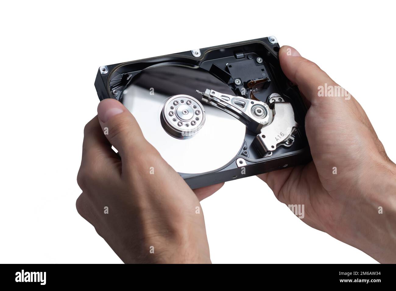 Open hdd in hands on white background close up Stock Photo - Alamy