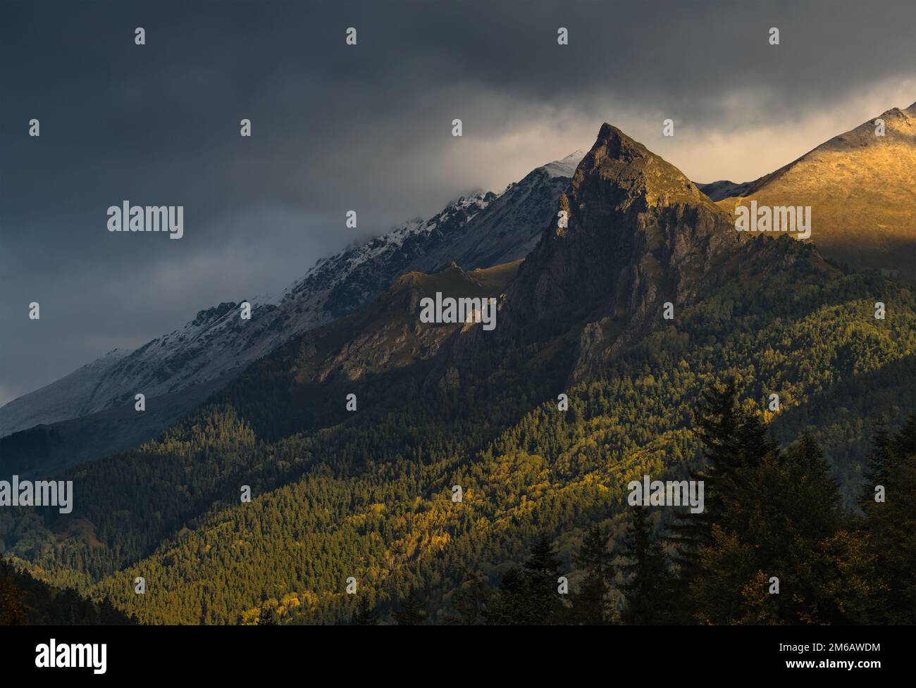 Rock at sunrise. Rock Zakan in the upper reaches of the river Big Laba ...