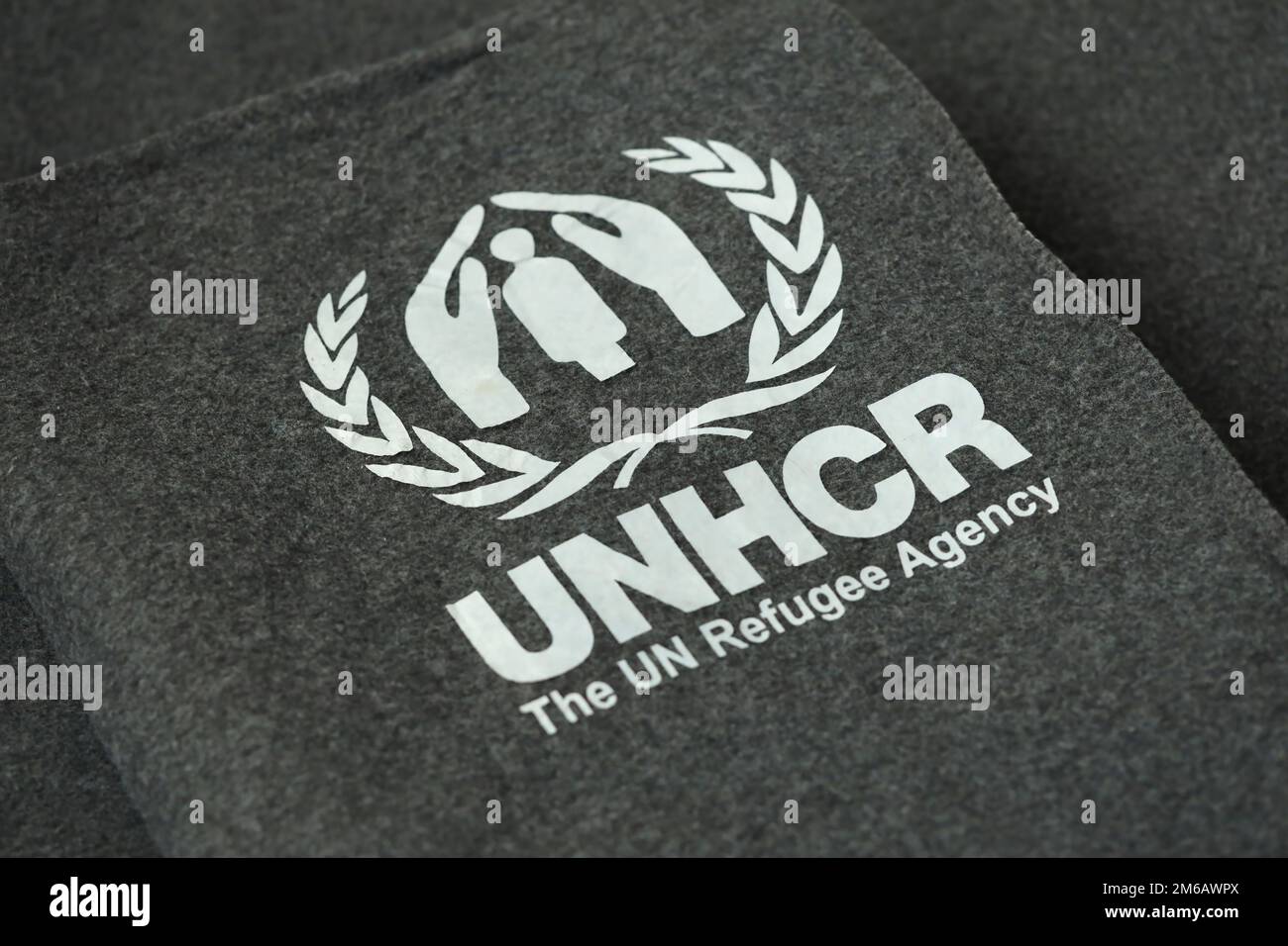 KYIV, UKRAINE - MAY 4, 2022 UNHCR The UN Refugee Agency logo on ...