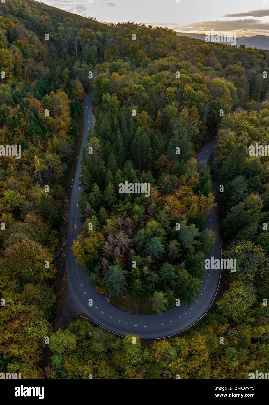 Pass road at Gempenpass in autumn, aerial view, Gempen, Solothurn ...