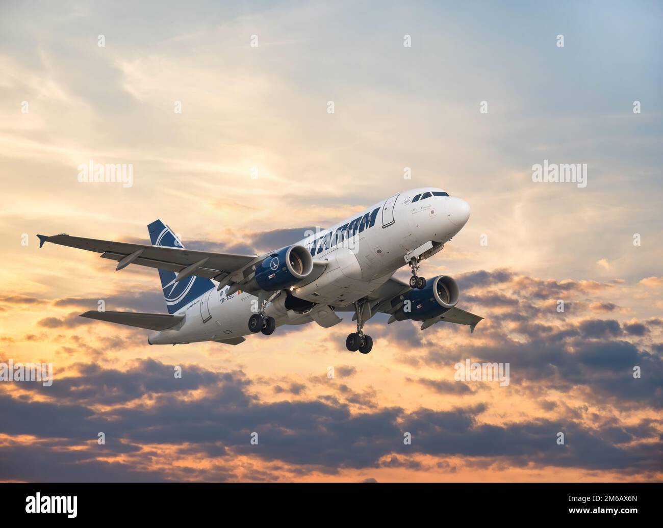 Bucharest, Romania - August 2022: TAROM Airbus A318 airplane flying ...