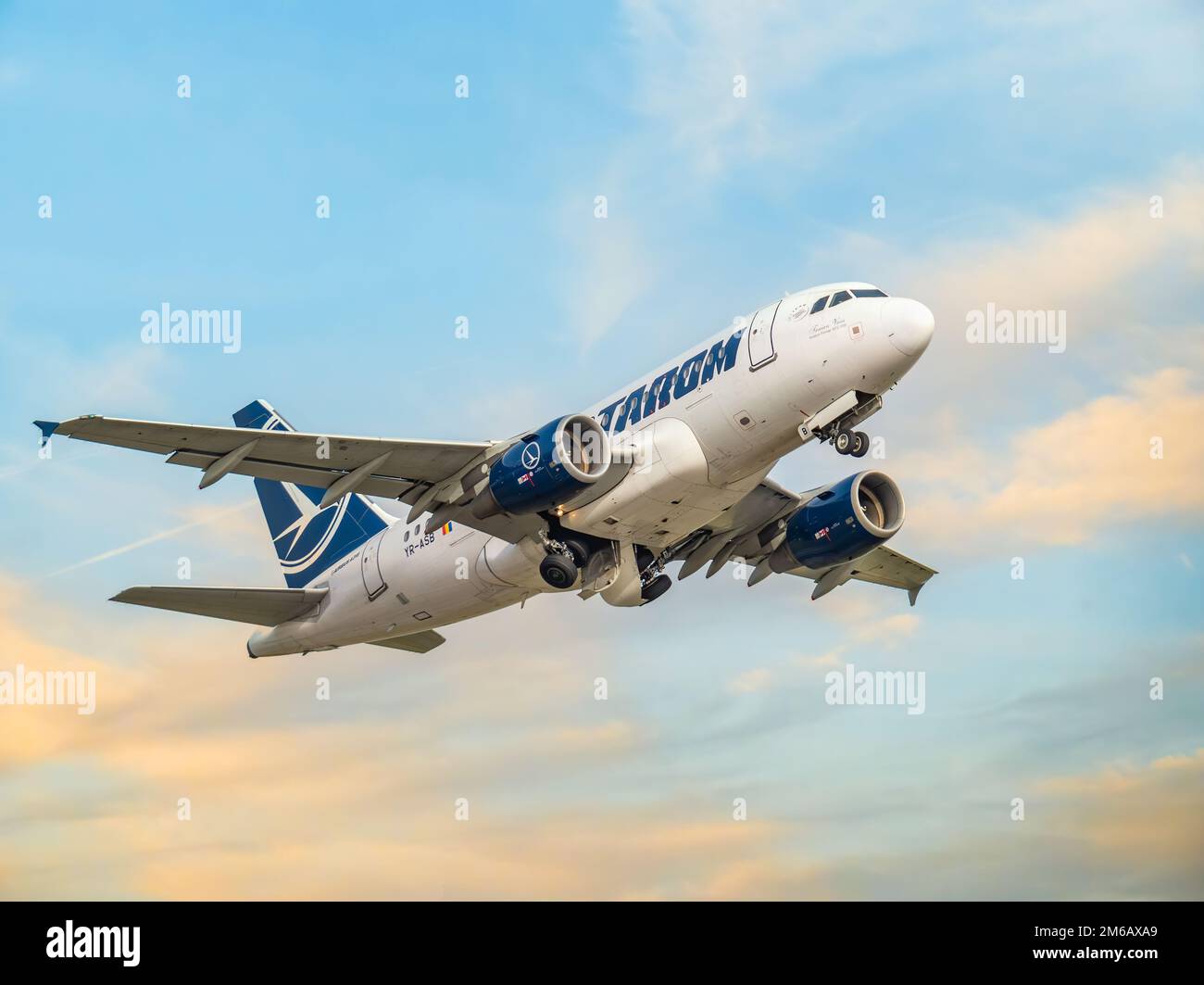 Bucharest, Romania - August 2022: TAROM Airbus A318 airplane flying ...