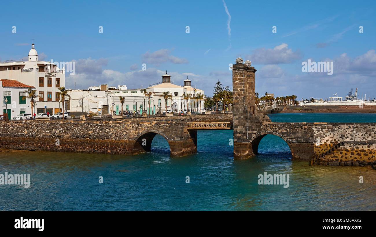 Bridge, Puente de Las Bolas, Arrecife, sea, blue sky with white clouds ...