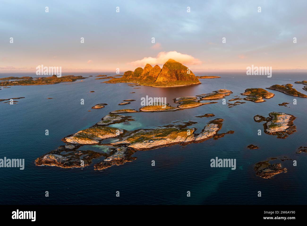Aerial view of Traena Island in the evening, Traena, Sanna, Archipelago ...