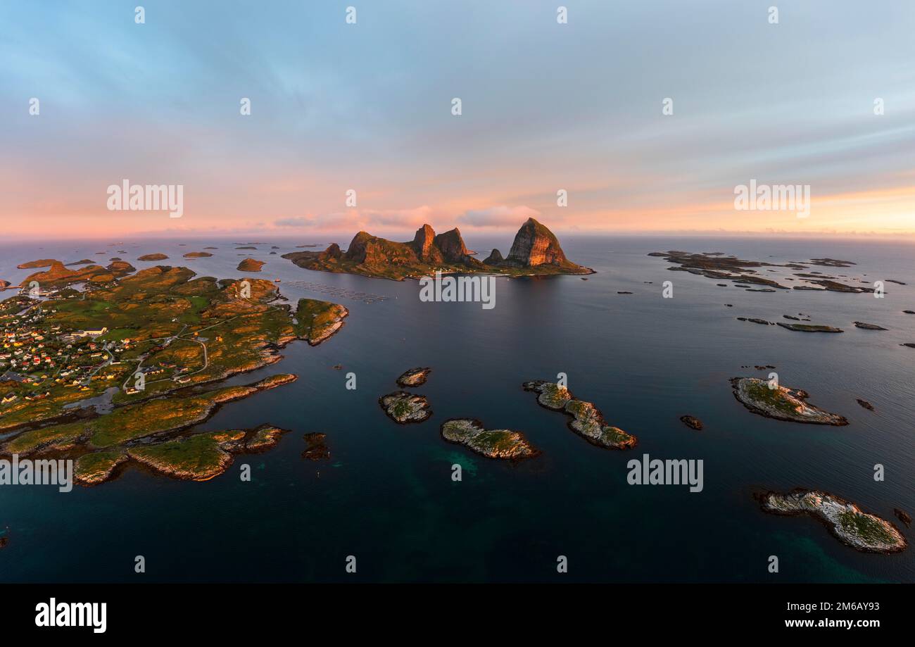 Aerial view of Traena Island in the evening, Traena, Sanna, Husoy ...