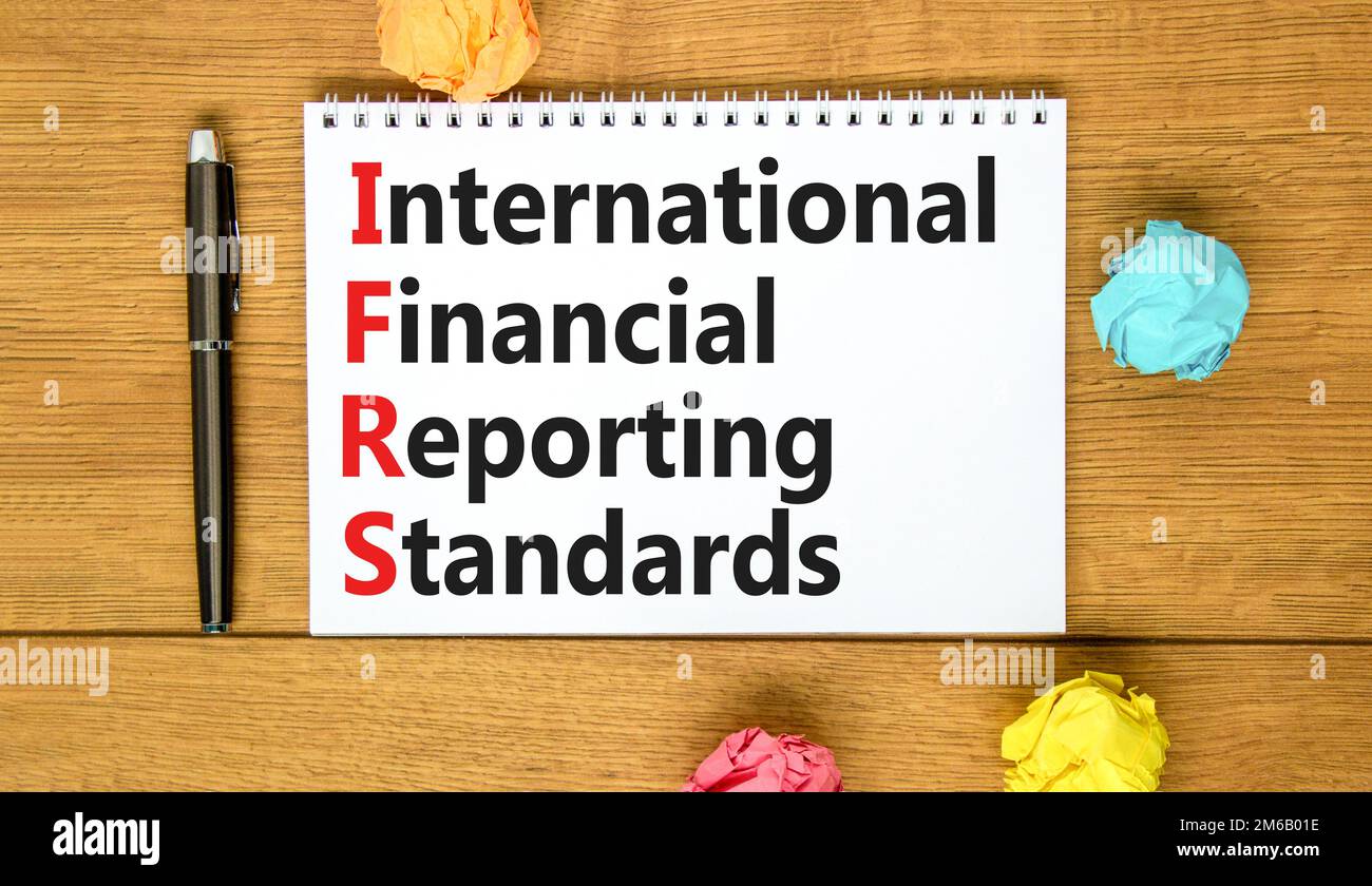 IFRS symbol. Concept words IFRS international financial reporting standards on white note on ...