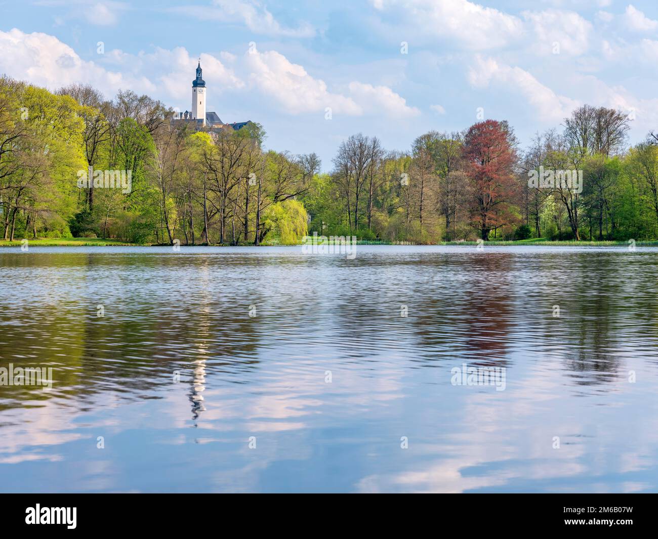 Lake in Greiz Park, Upper Castle in the back, Greiz, Thuringia, Germany ...