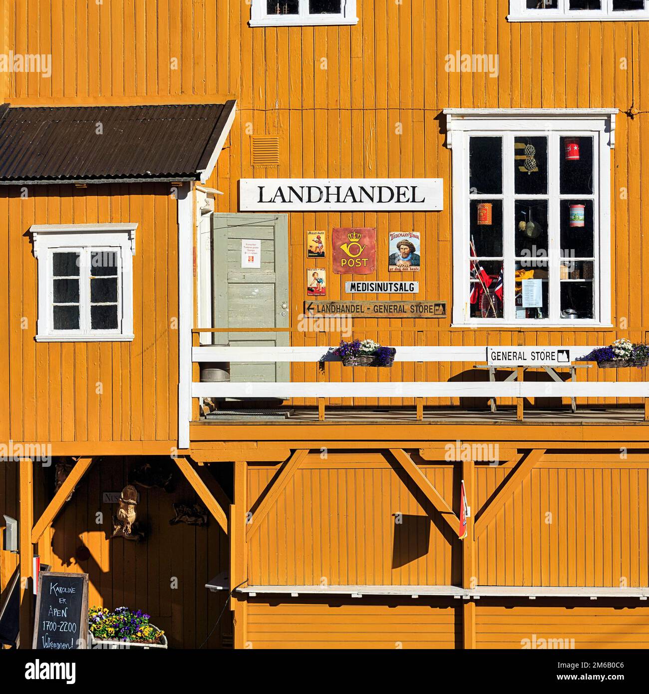 Nostalgic shop, corner shop, yellow facade with post sign and lettering ...