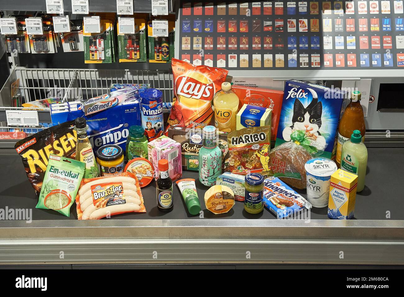 REWE store, Hamburg-Altona, products on checkout conveyor belt, Hamburg ...