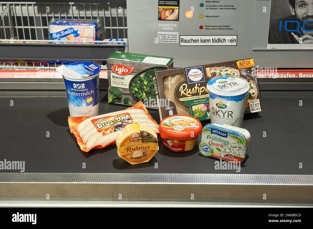 REWE store, Hamburg-Altona, products on checkout conveyor belt, Hamburg ...