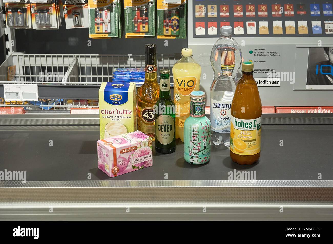 REWE store, Hamburg-Altona, products on checkout conveyor belt, Hamburg ...